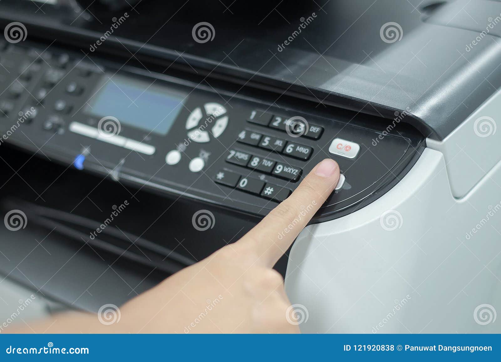 Hand Press Button on Panel of Printer Scanner or Laser Copy Machine in ...