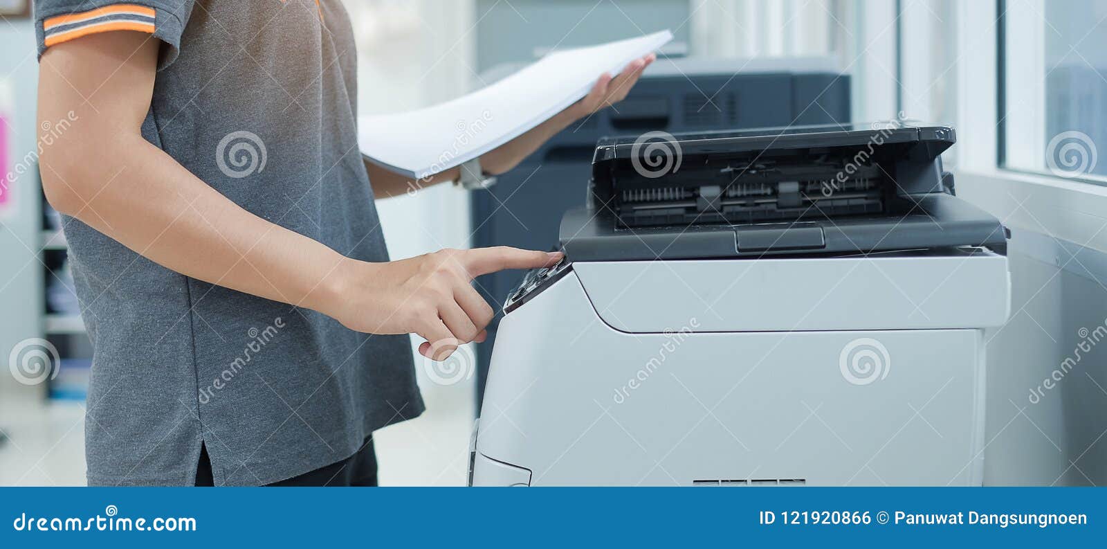 Hand Press Button on Panel of Printer Scanner or Laser Copy Machine in ...