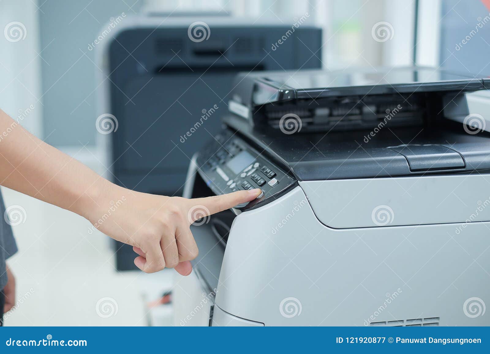Hand Press Button on Panel of Printer Scanner or Laser Copy Machine in ...