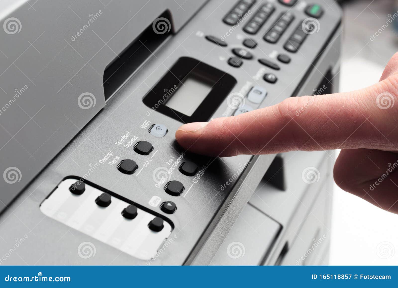 Hand Press Button on Panel of Printer. Printer Scanner Laser Office ...