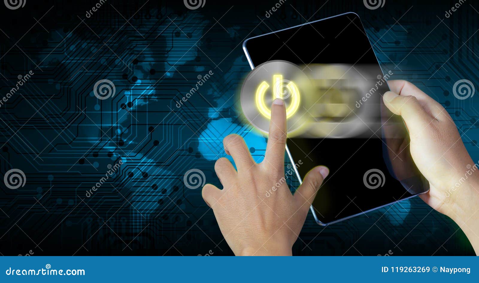 Hand Press Power Button on a Digital Tablet Screen Stock Image - Image ...