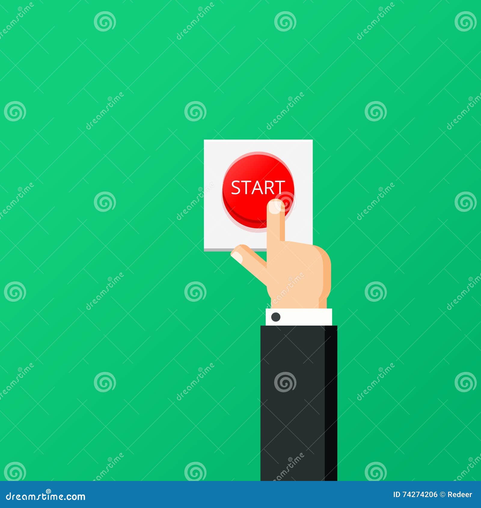 Hand Press Red Button. Start Project Concept. Flat Illustration. Stock ...