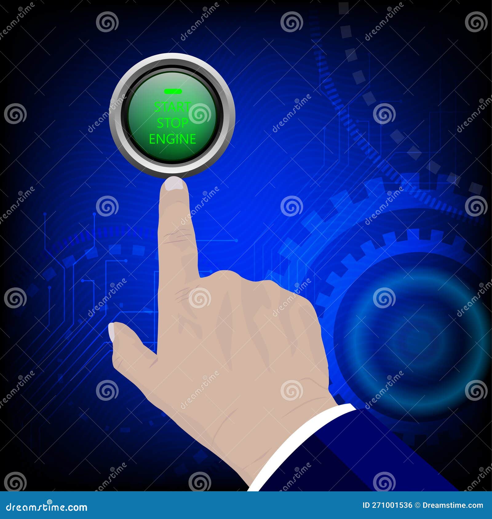 Hand Press Start Engine Button on Dark Blue Technology Background ...