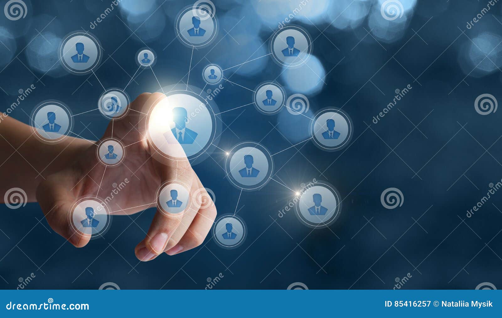 Hand Presses the Button with the Avatar Business Network. Stock Image ...
