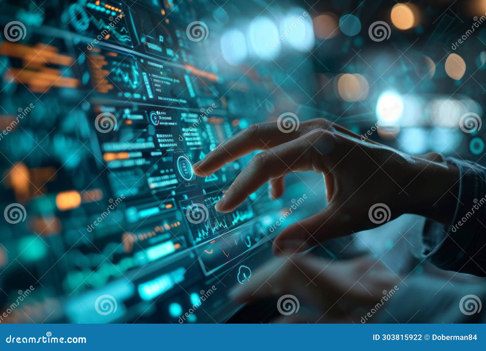 Hand Presses a Button on the Screen Interface Against the Background of ...