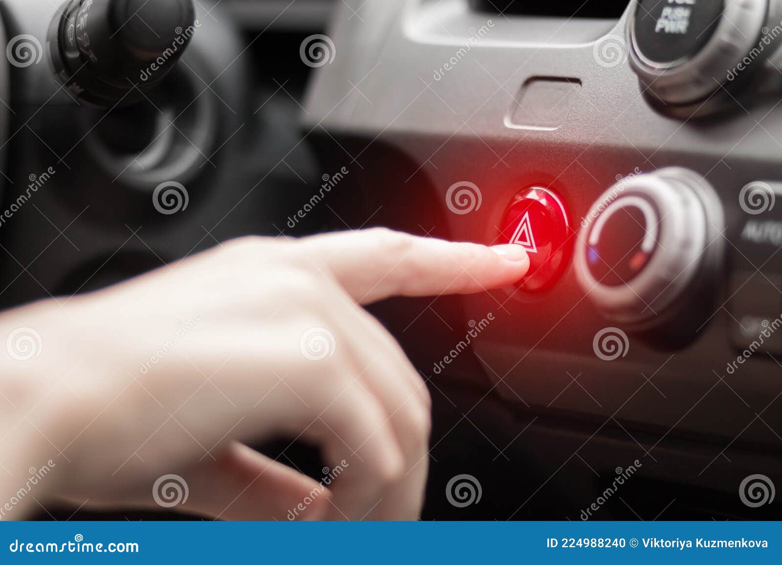 The Hand Presses the Emergency Stop Button in the Car. Close Up Stock ...
