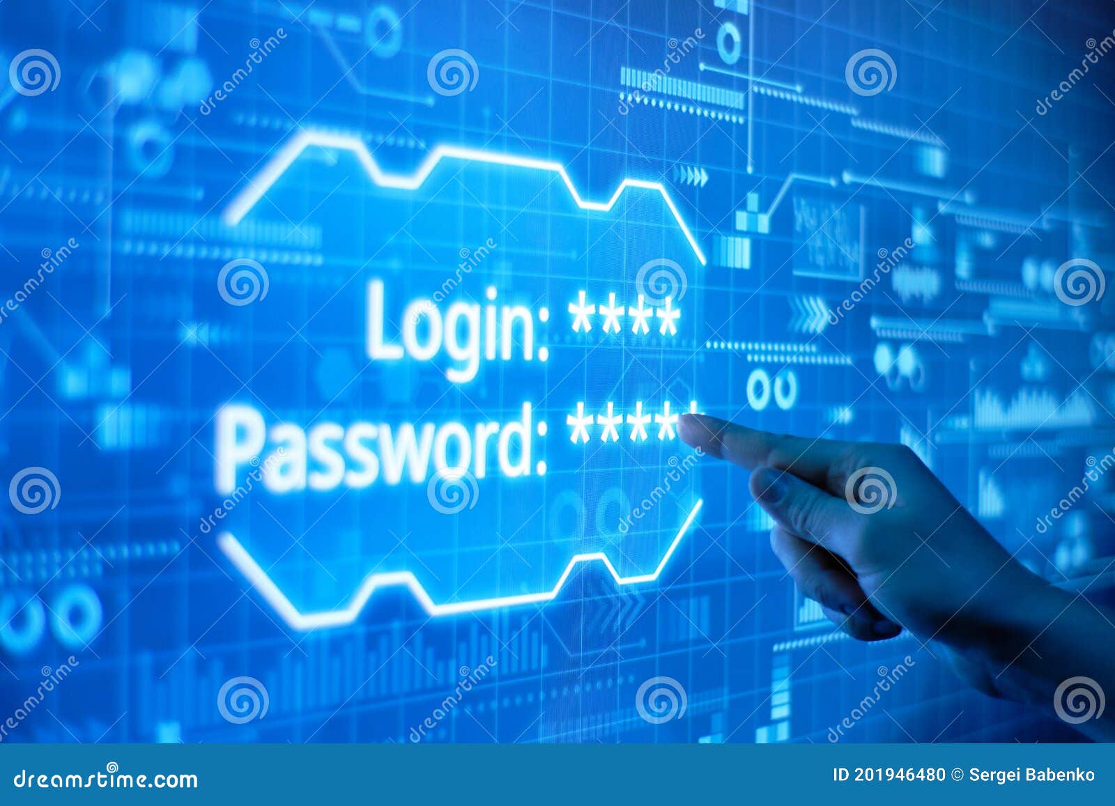 A Hand Presses on a Futuristic Login and Password To Enter Display ...
