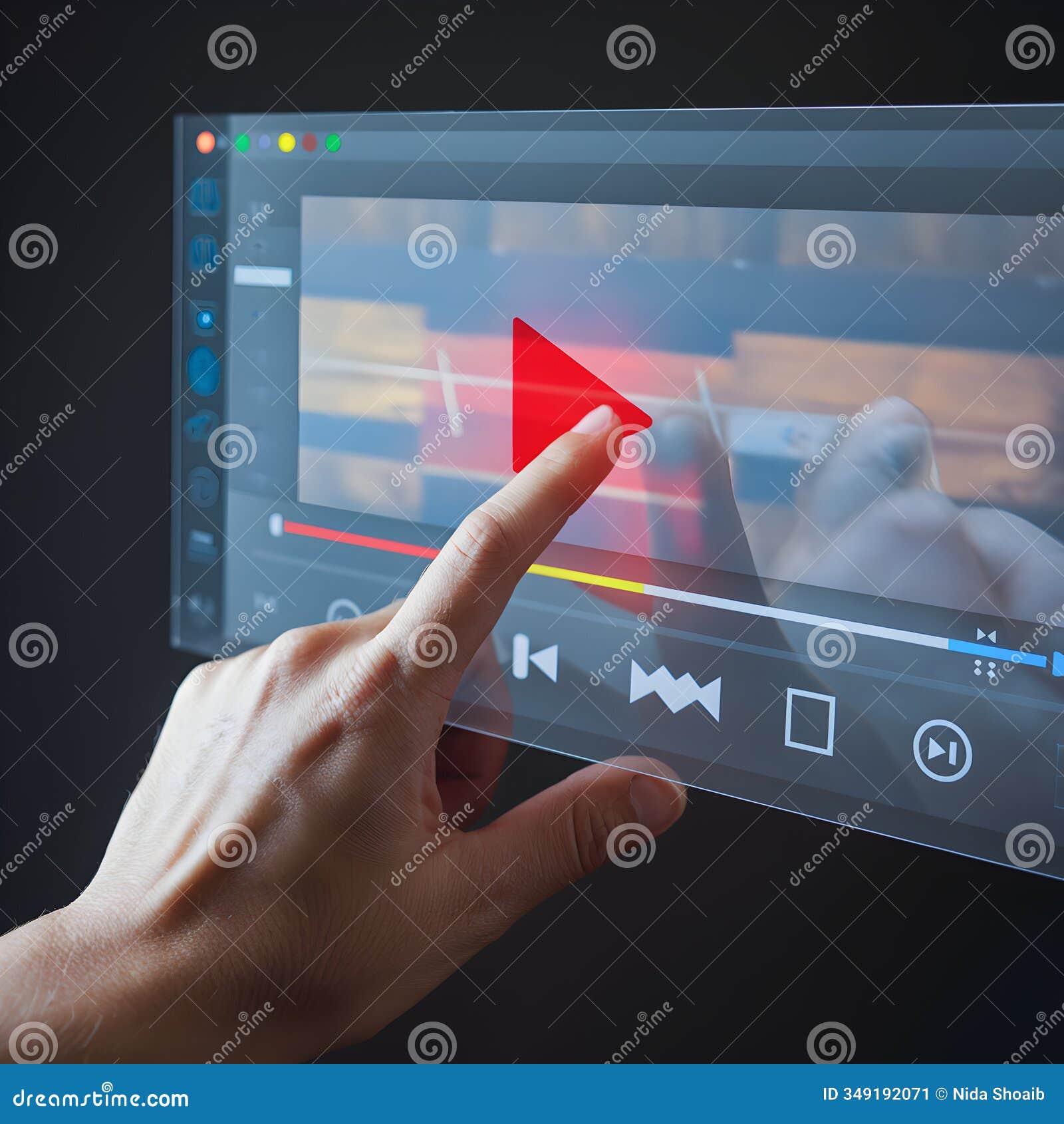 Hand Presses Red Play Button on Transparent Screen with Media Player ...