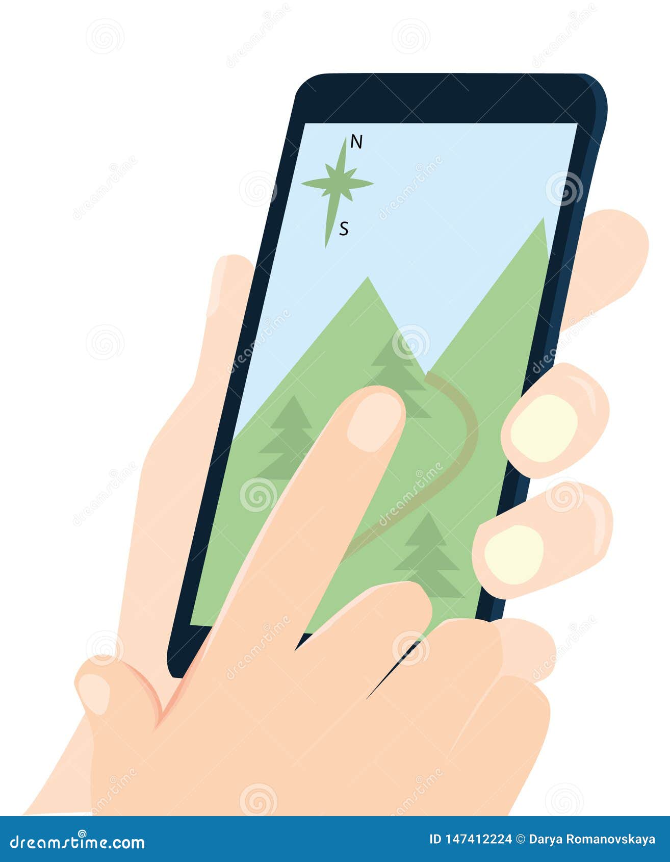 Hand Presses the Screen of the Phone. Navigator in the Phone. Hiking in ...