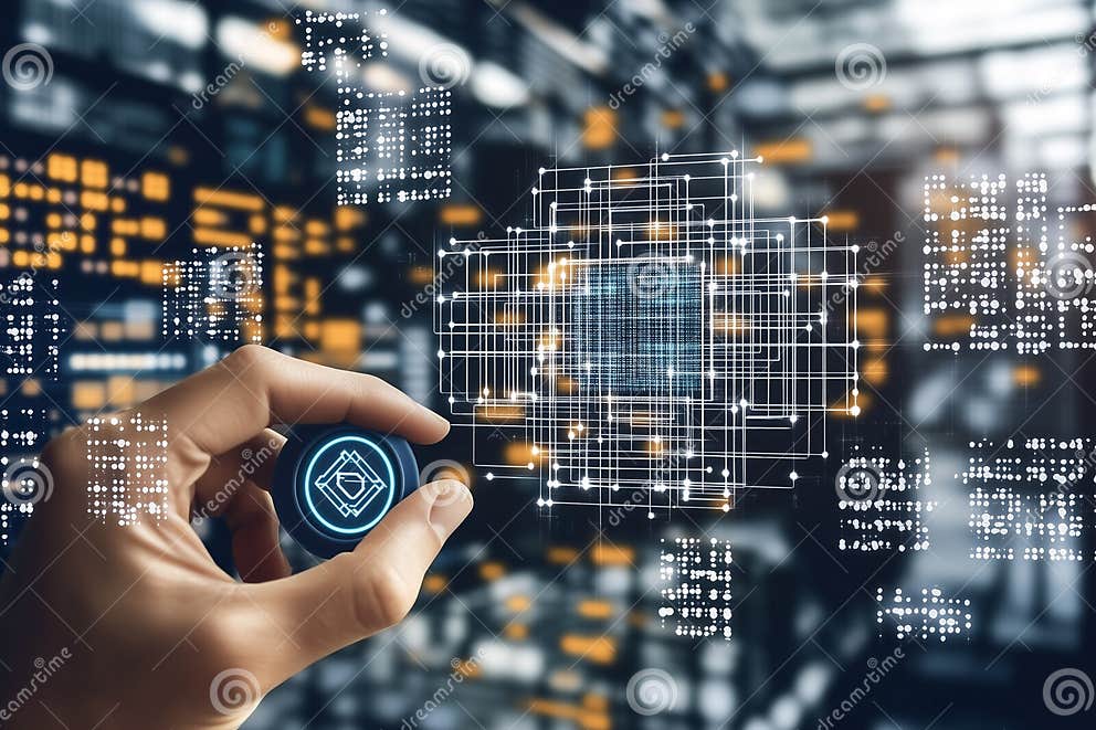 Hand Pressing Blue Neon Tech Button with Digital Interface and Data ...