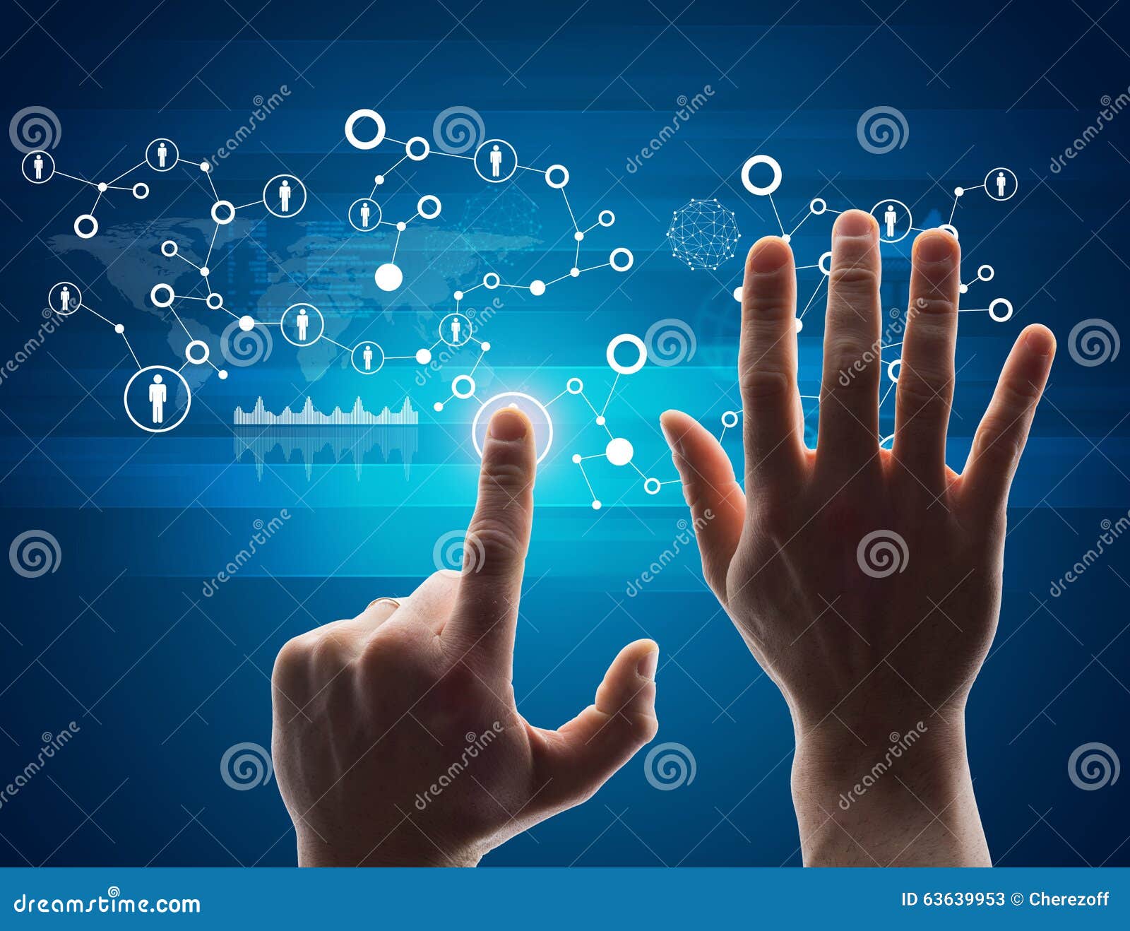 Hand Pressing Blue Virtual Button Stock Image - Image of holography ...