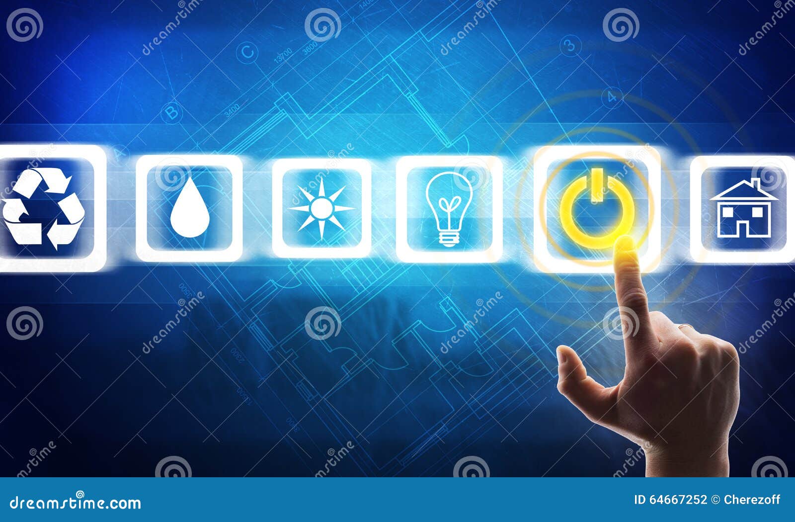 Hand Pressing Blue Virtual Button Stock Photo - Image of finger ...