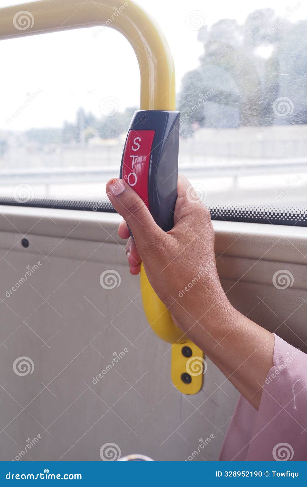 Hand Pressing the Bus Bell Switch for Stop Inside the Public Bus Stock ...
