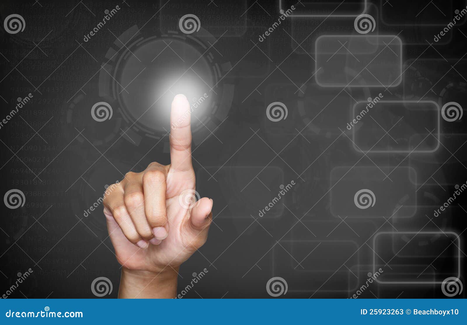 Hand Pressing Button In Gray Background Stock Image - Image of concept ...