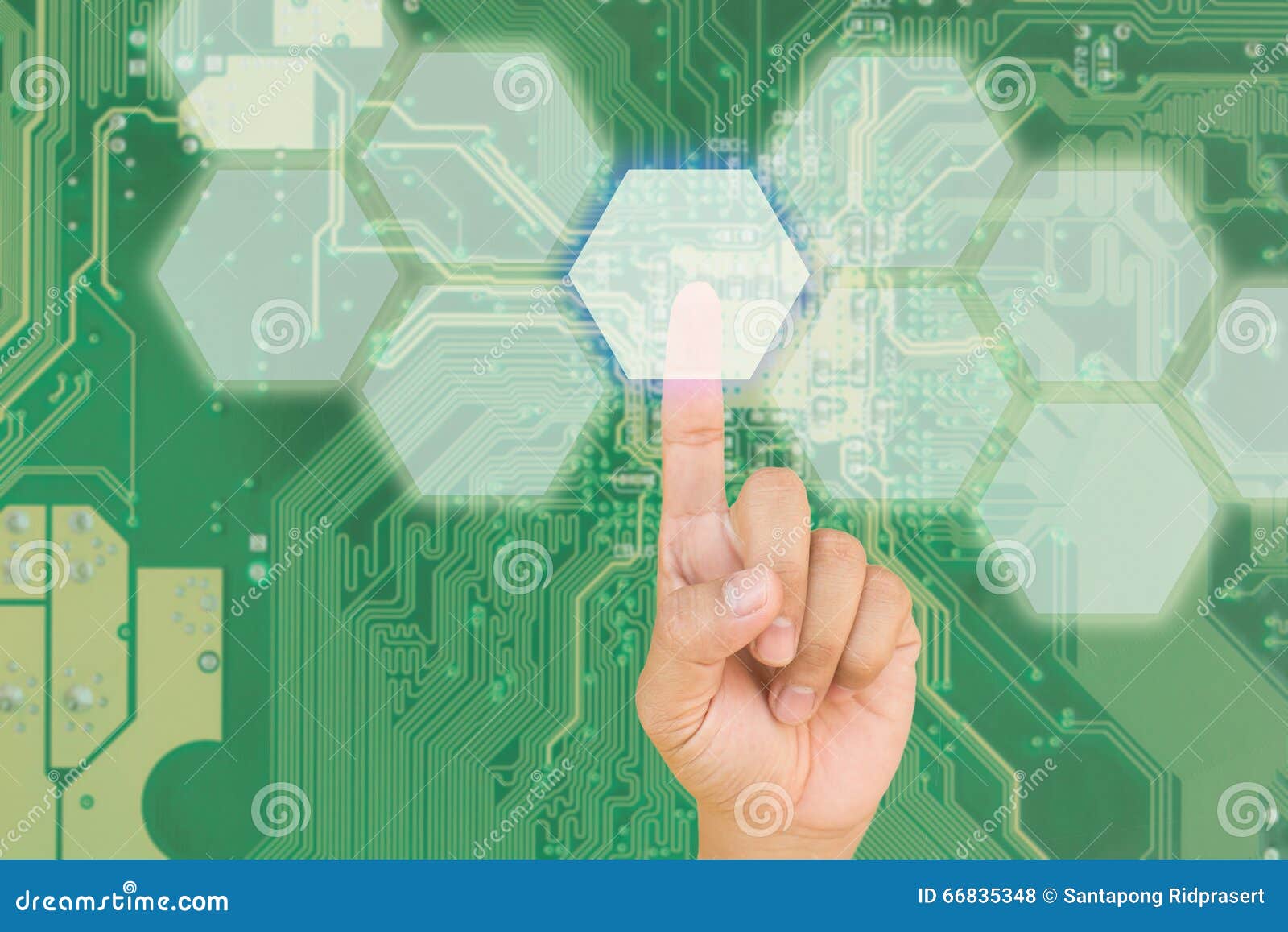 Hand Pressing Button on Interface with Blue PCB Bord Backgroun Stock ...