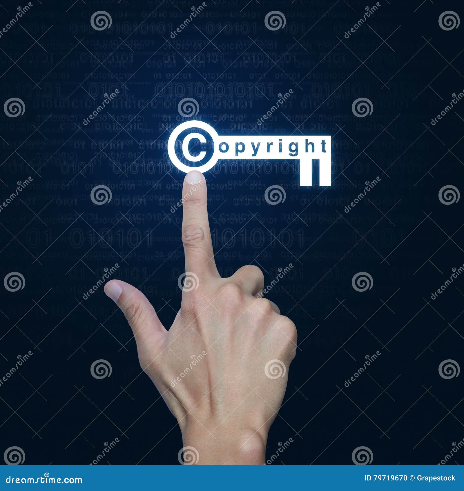 Hand Pressing Copyright Key Icon Over Computer Binary Code Blue Stock ...