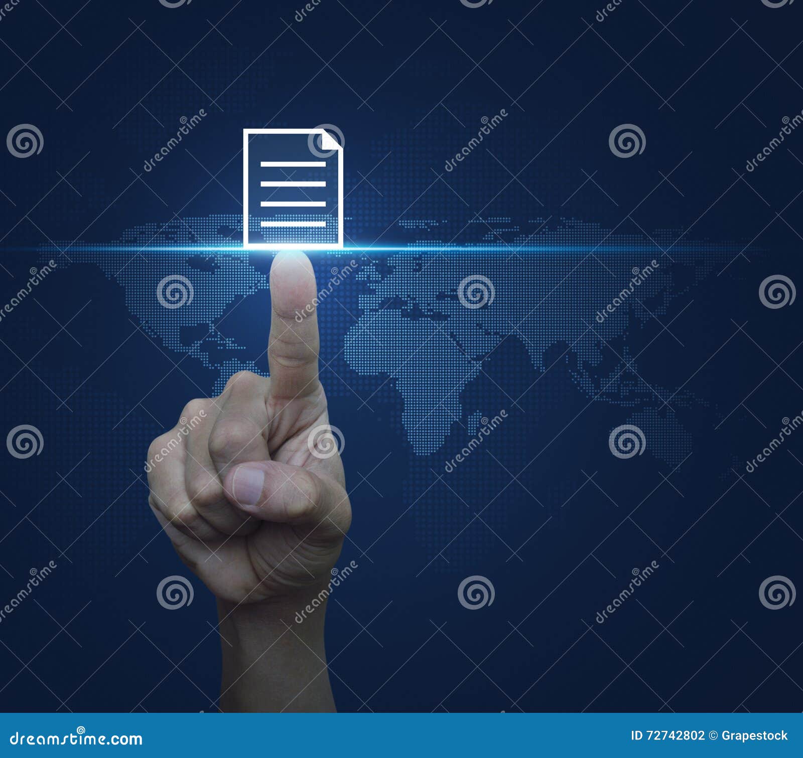 Hand Pressing Document Icon Over Digital World Map Blue Background ...