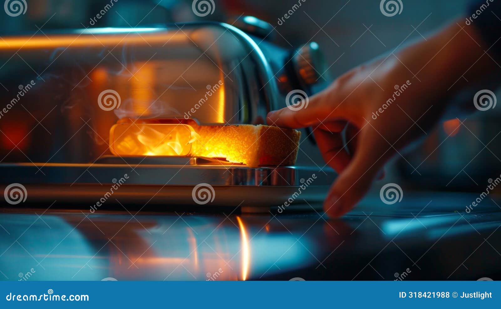 A Hand Pressing Down on the Lever of a Toaster with a Small Indicator ...