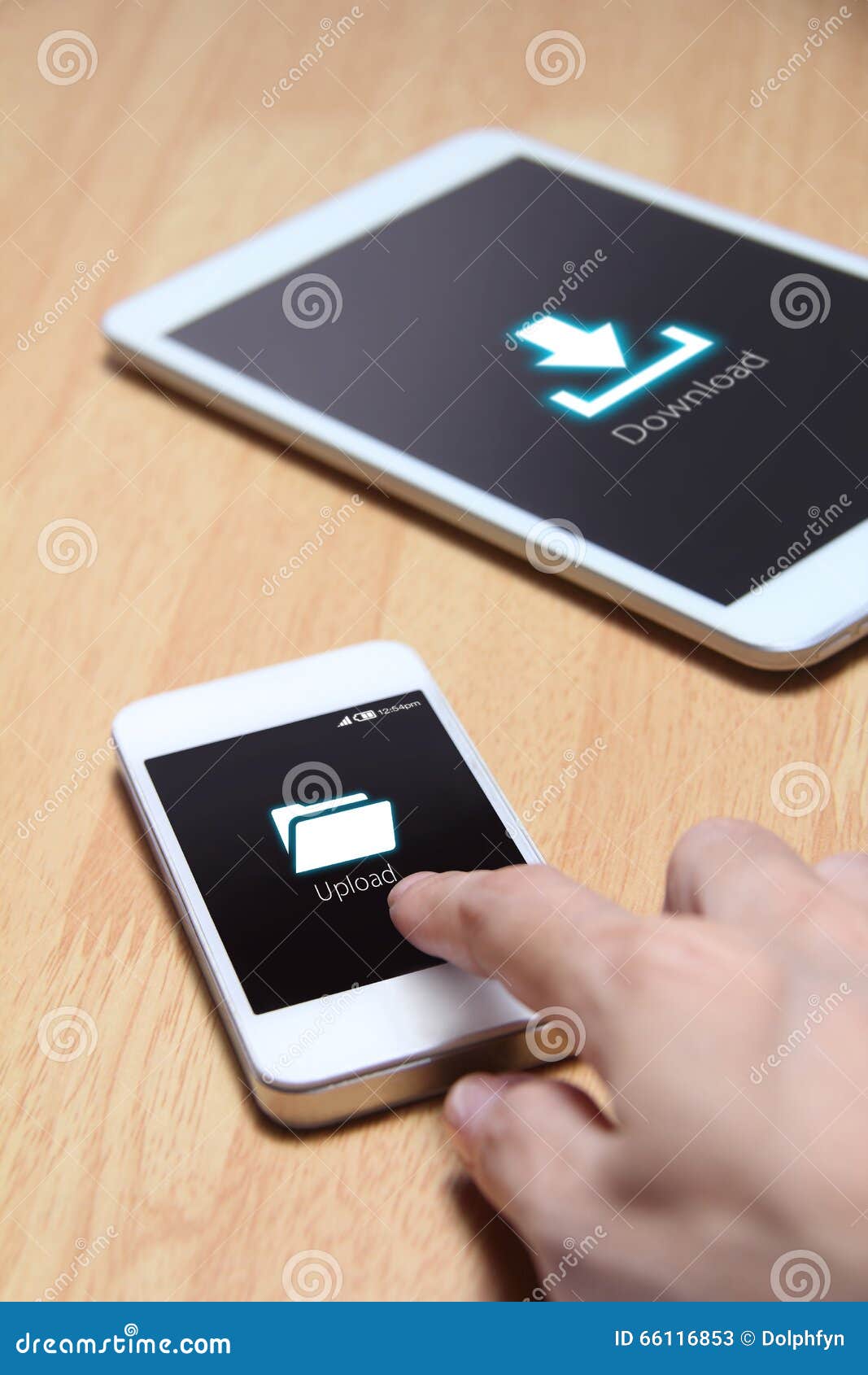 Hand Pressing Download Icon on Smartphone. Stock Image - Image of ...