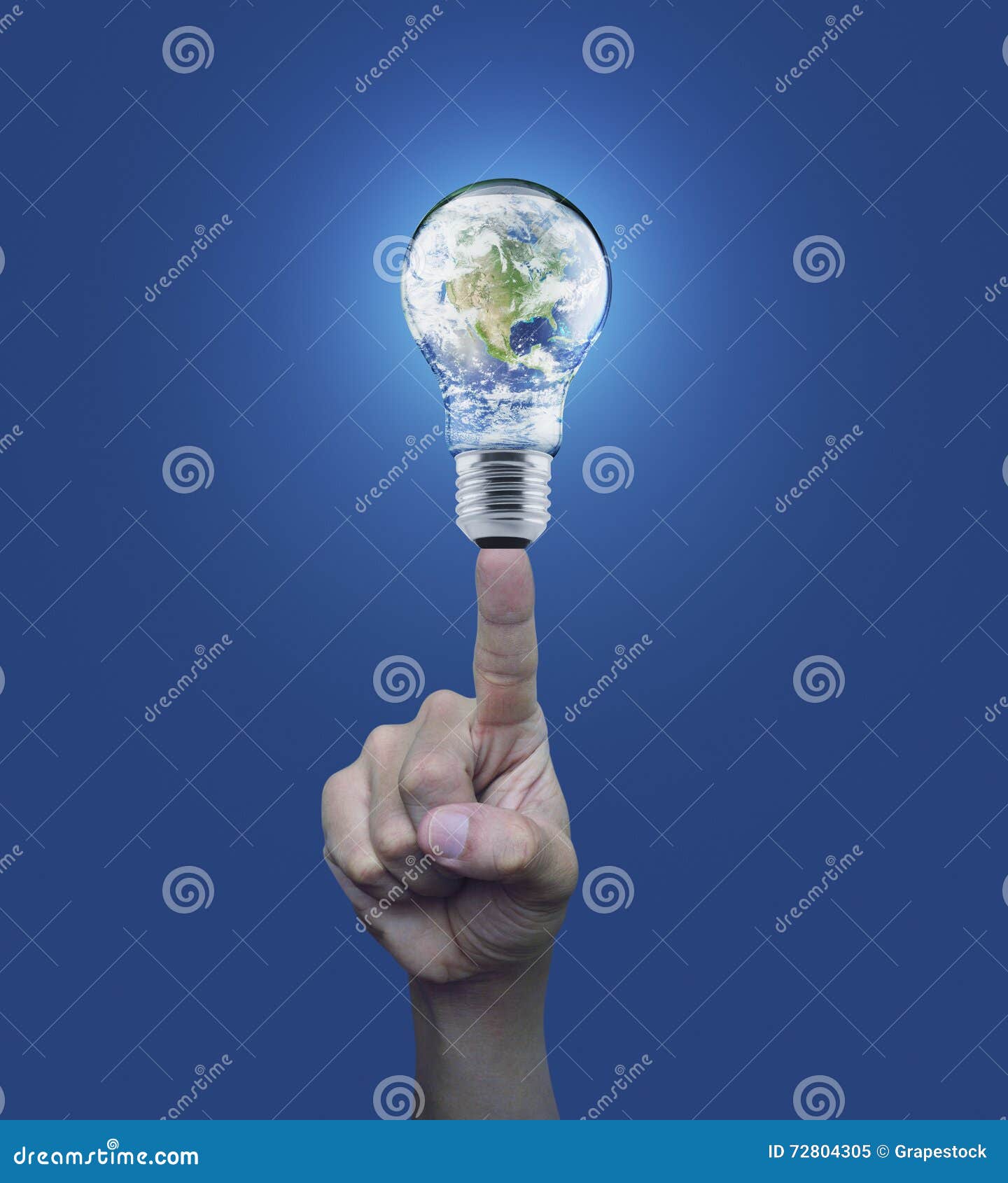 Hand Pressing Earth Globe in Light Bulb Over Blue Background, En Stock ...