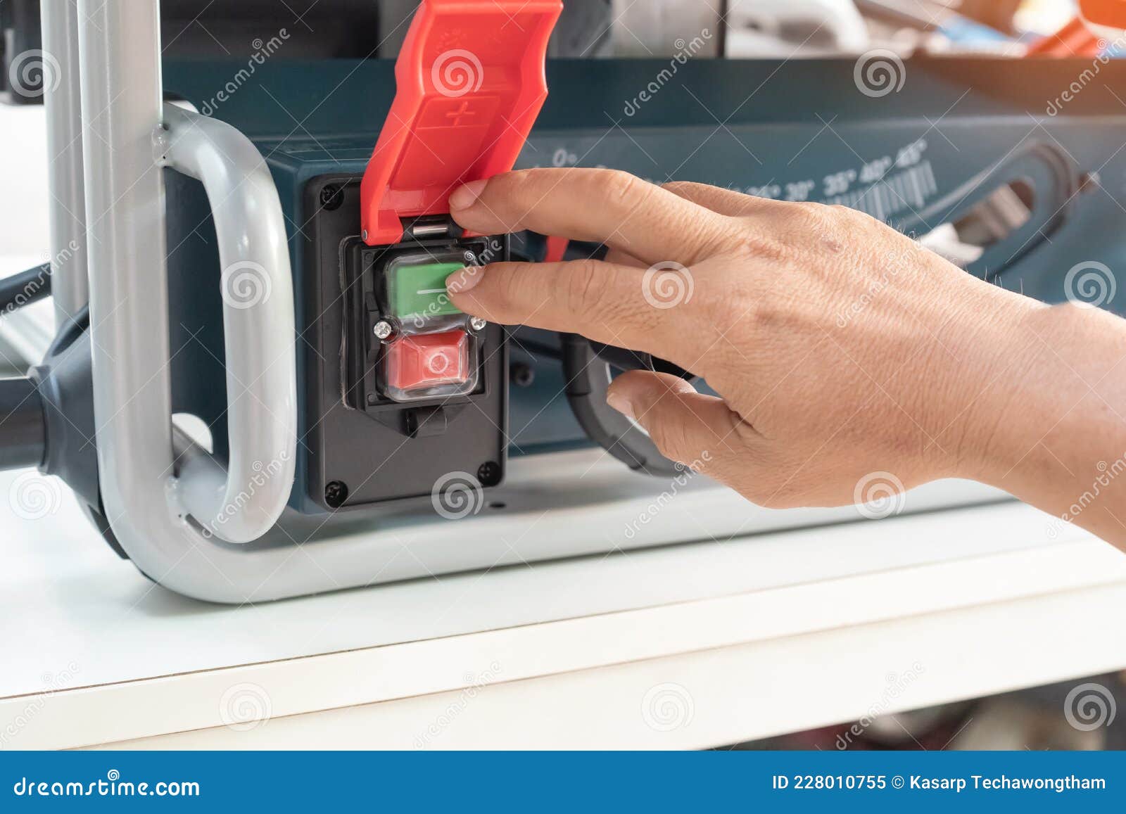 Hand Pressing on Electromagnetic Start Switch Table Saw Stock Image ...