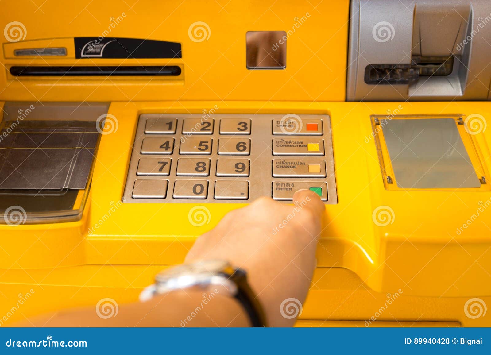 Hand Pressing Enter Button on ATM Bank Machine Stock Photo - Image of ...
