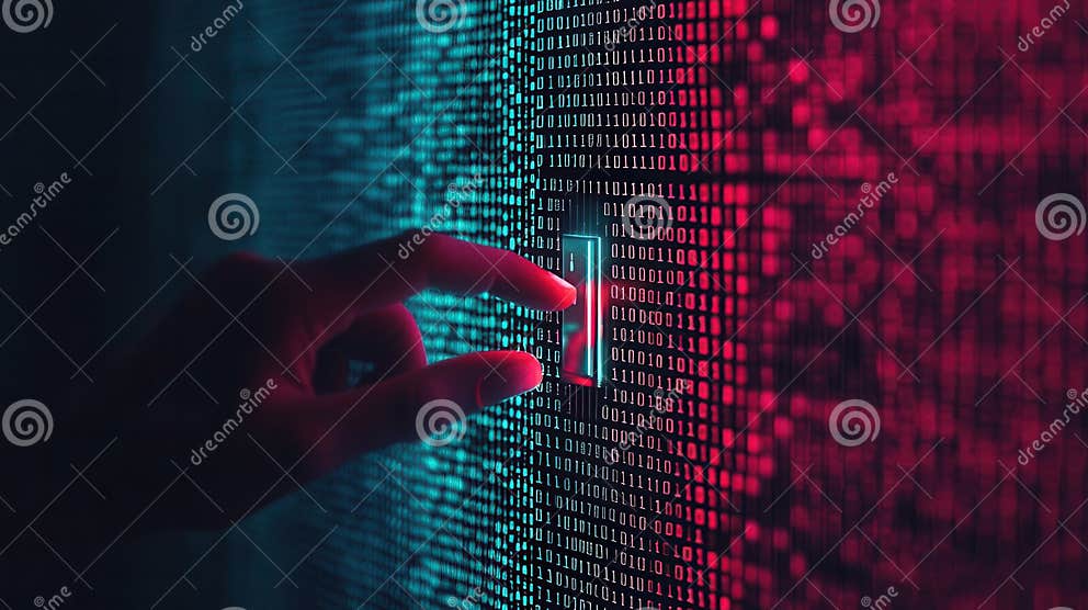 A Hand Presses a Glowing Switch Embedded in a Wall of Binary Code, Symbolizing Data Control ...