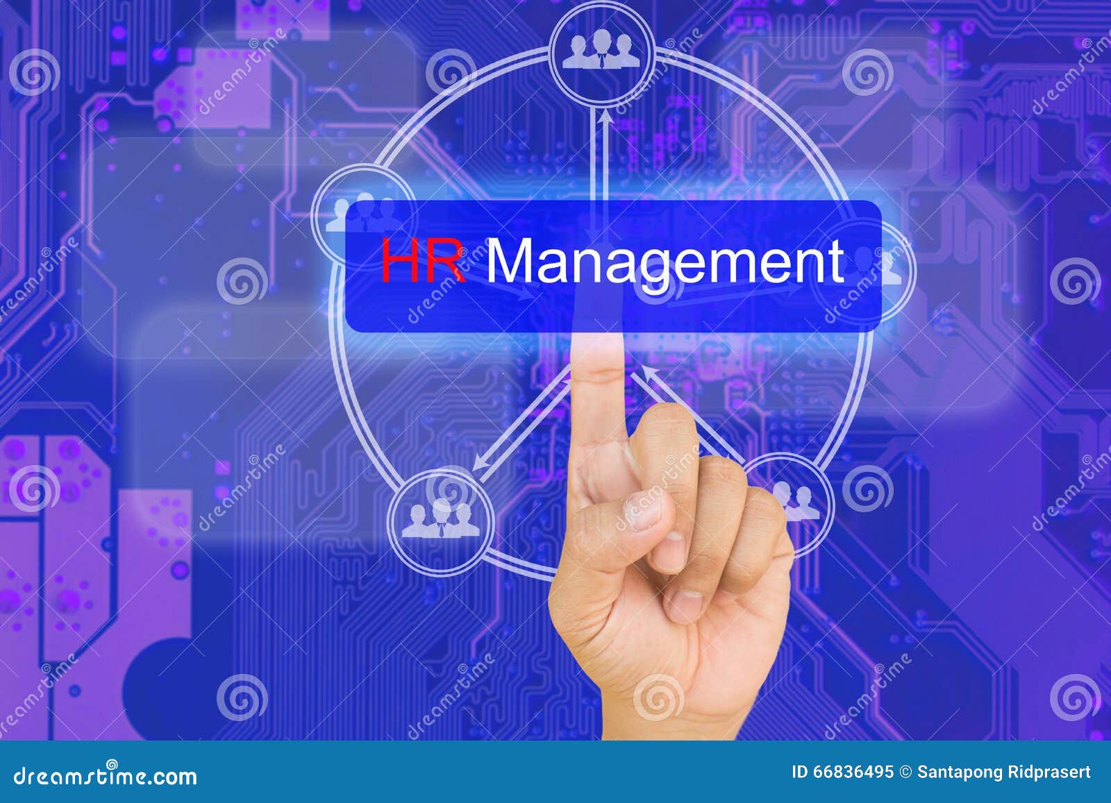 Hand Pressing HR Management Button on Interface with Blue PCB B Stock ...