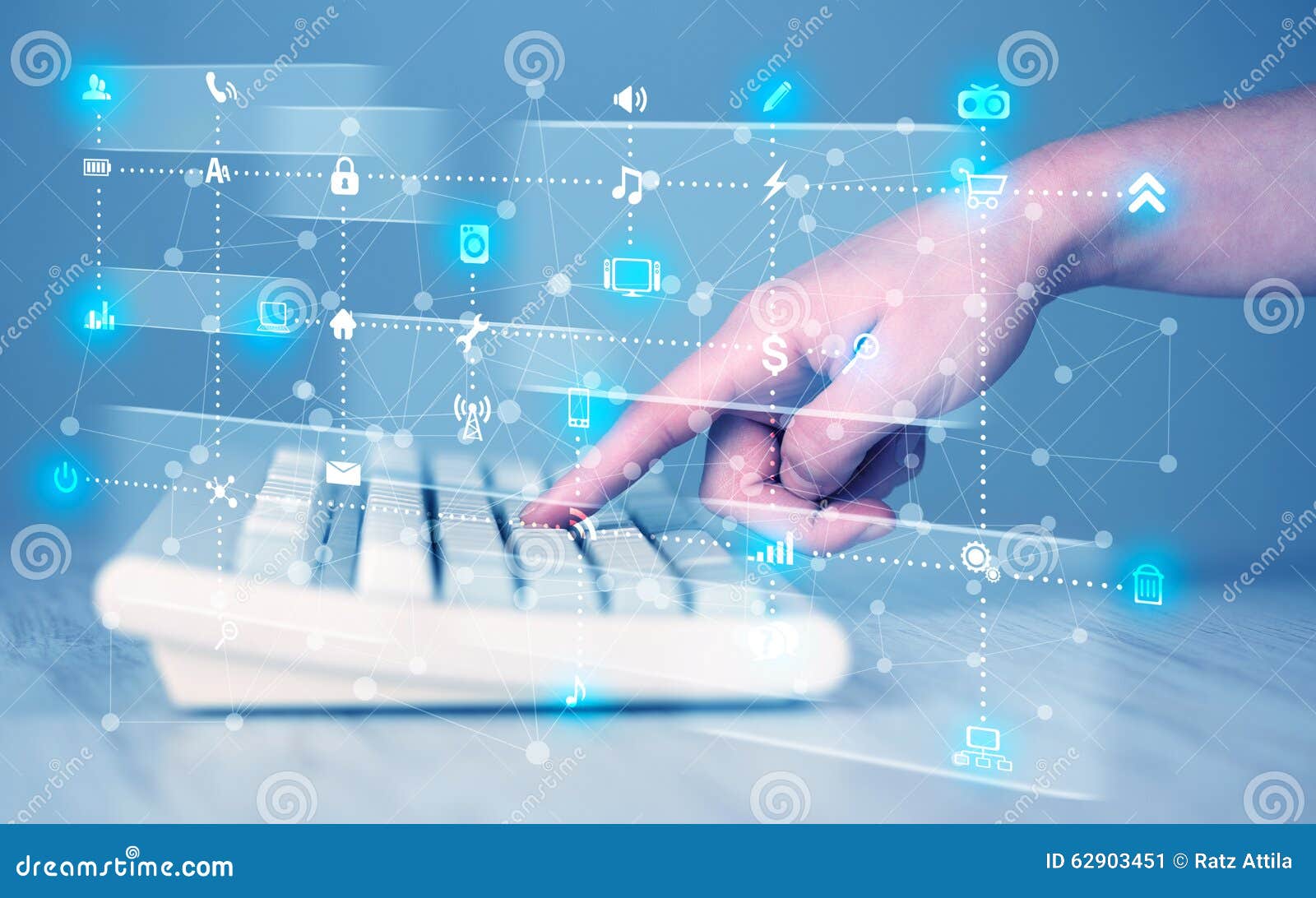 Hand Pressing Keyboard with High Tech Media Icons Stock Image - Image ...
