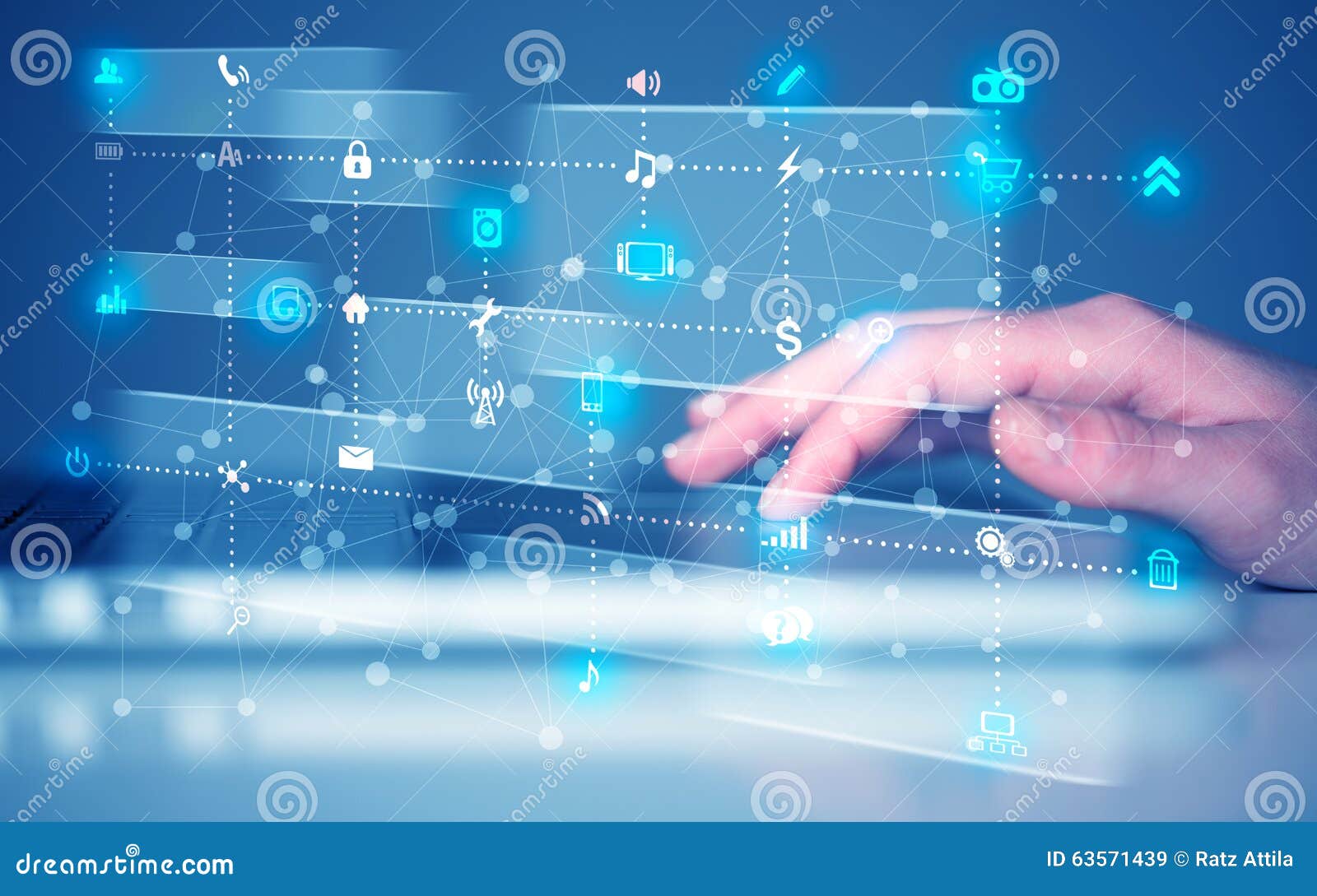 Hand Pressing Keyboard with High Tech Media Icons Stock Image - Image ...