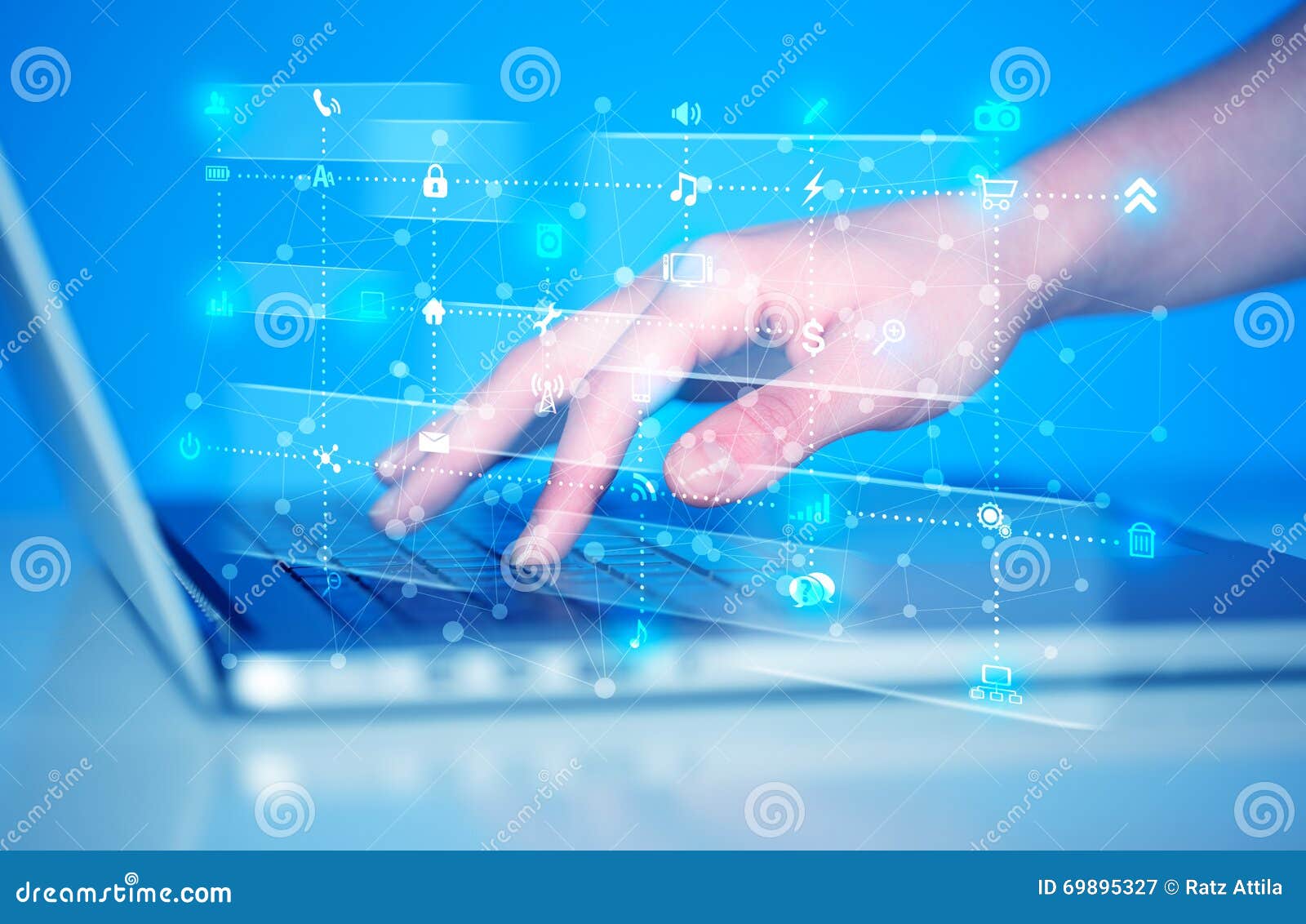 Hand Pressing Keyboard with High Tech Media Icons Stock Image - Image ...