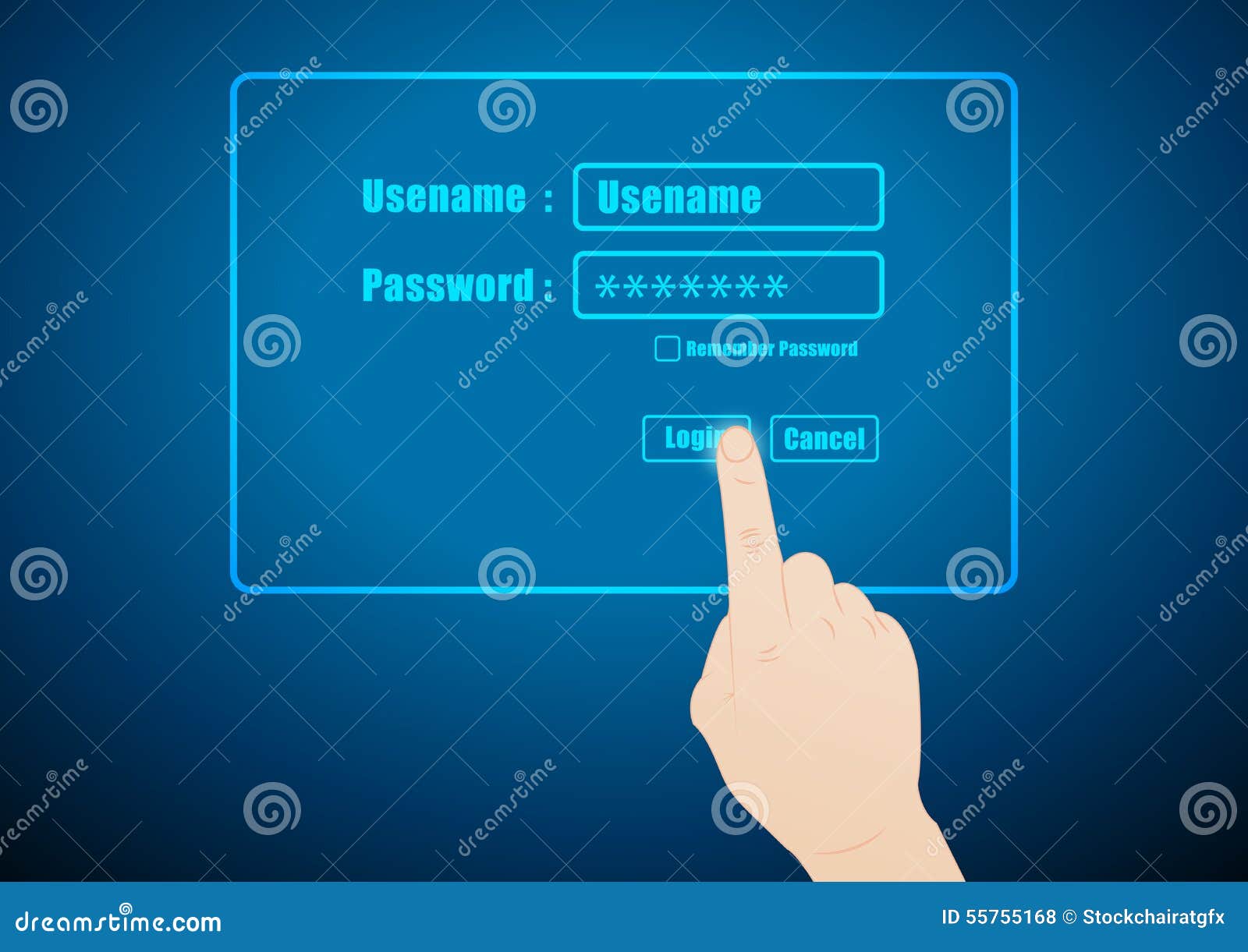 Hand Pressing Login Touchscreen Button To Access the Internet we Stock ...