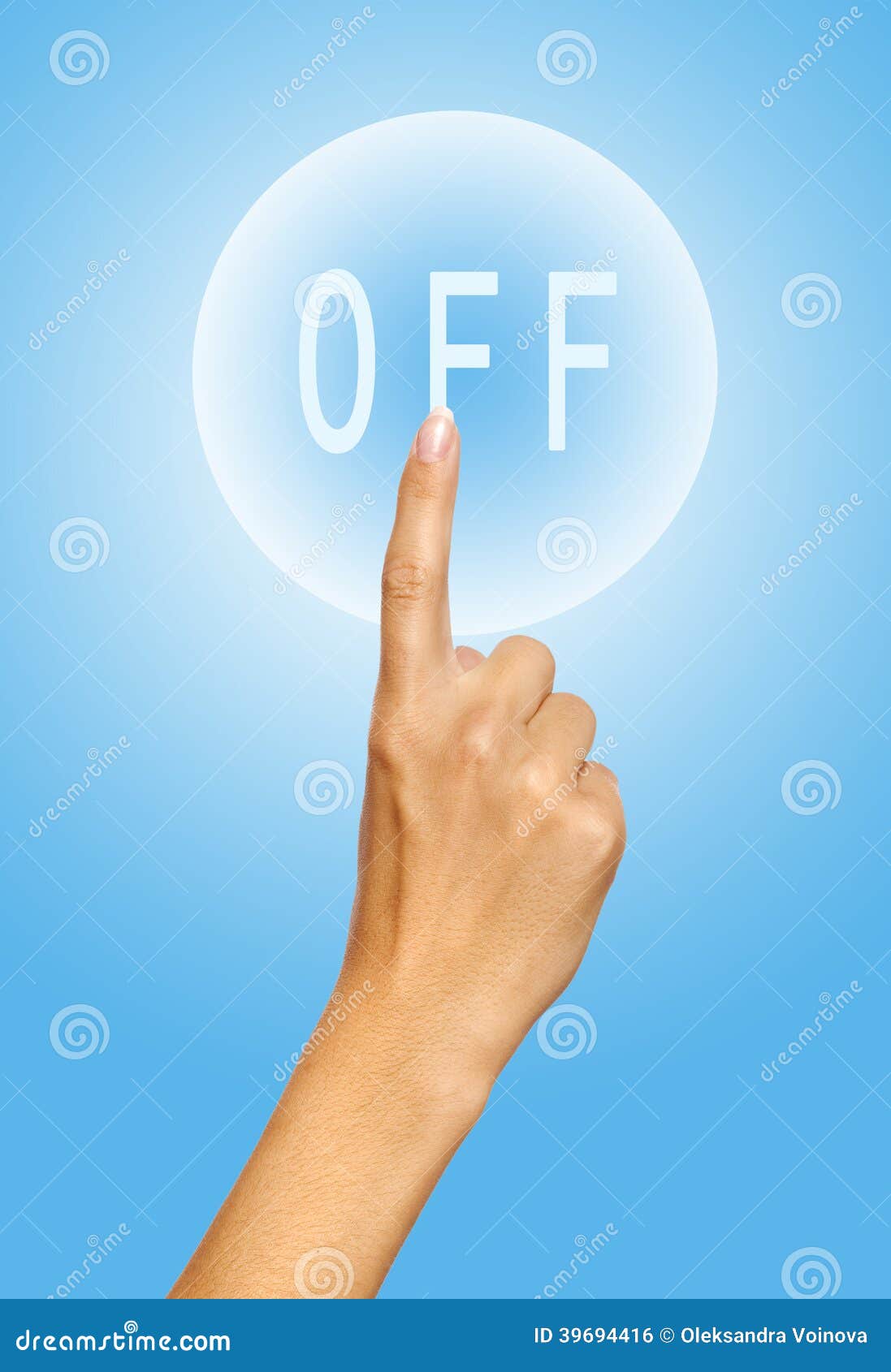 Hand pressing the off icon stock photo. Image of screen - 39694416