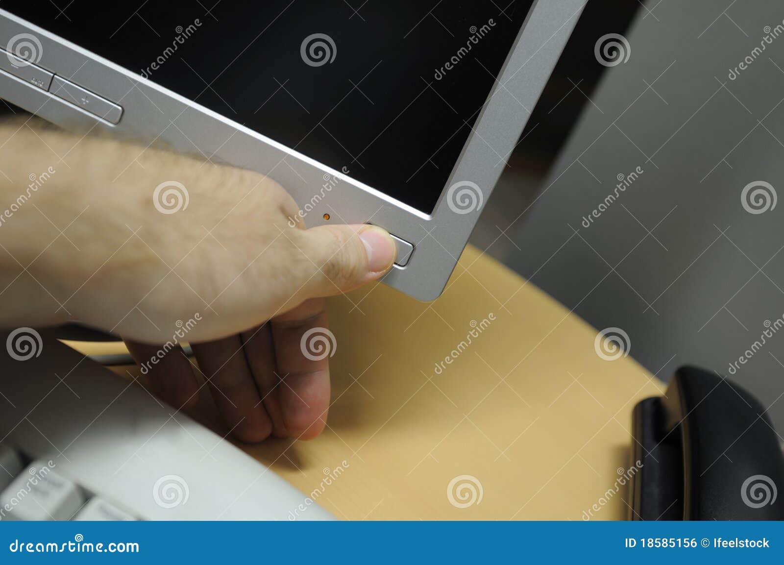 Hand pressing power button stock photo. Image of hardware - 18585156