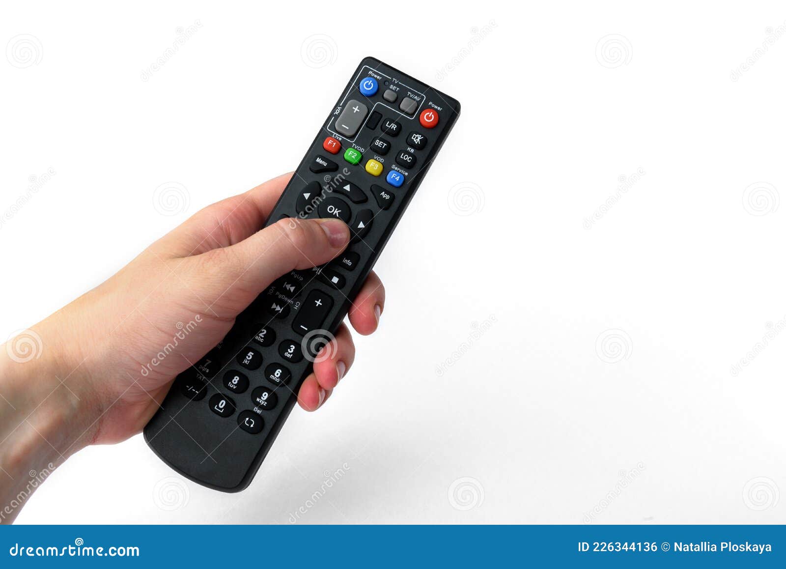 Hand Pressing Remote Control Isolated on White Background. Stock Photo ...