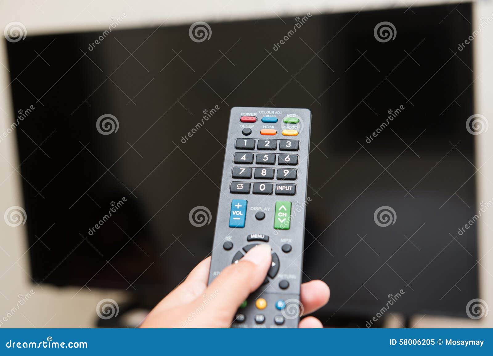 Hand Pressing Remote Control To Turn on the TV Stock Image - Image of ...
