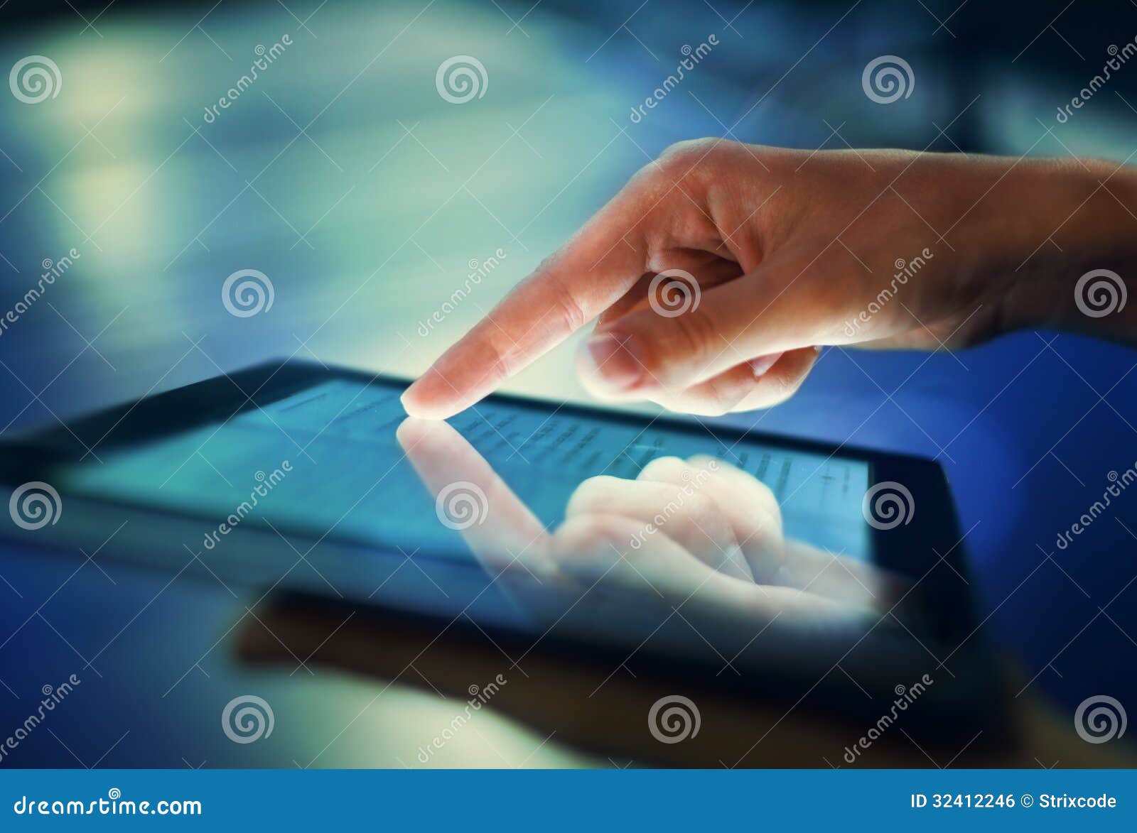 Hand Pressing on Screen Digital Tablet Stock Photo - Image of finger ...