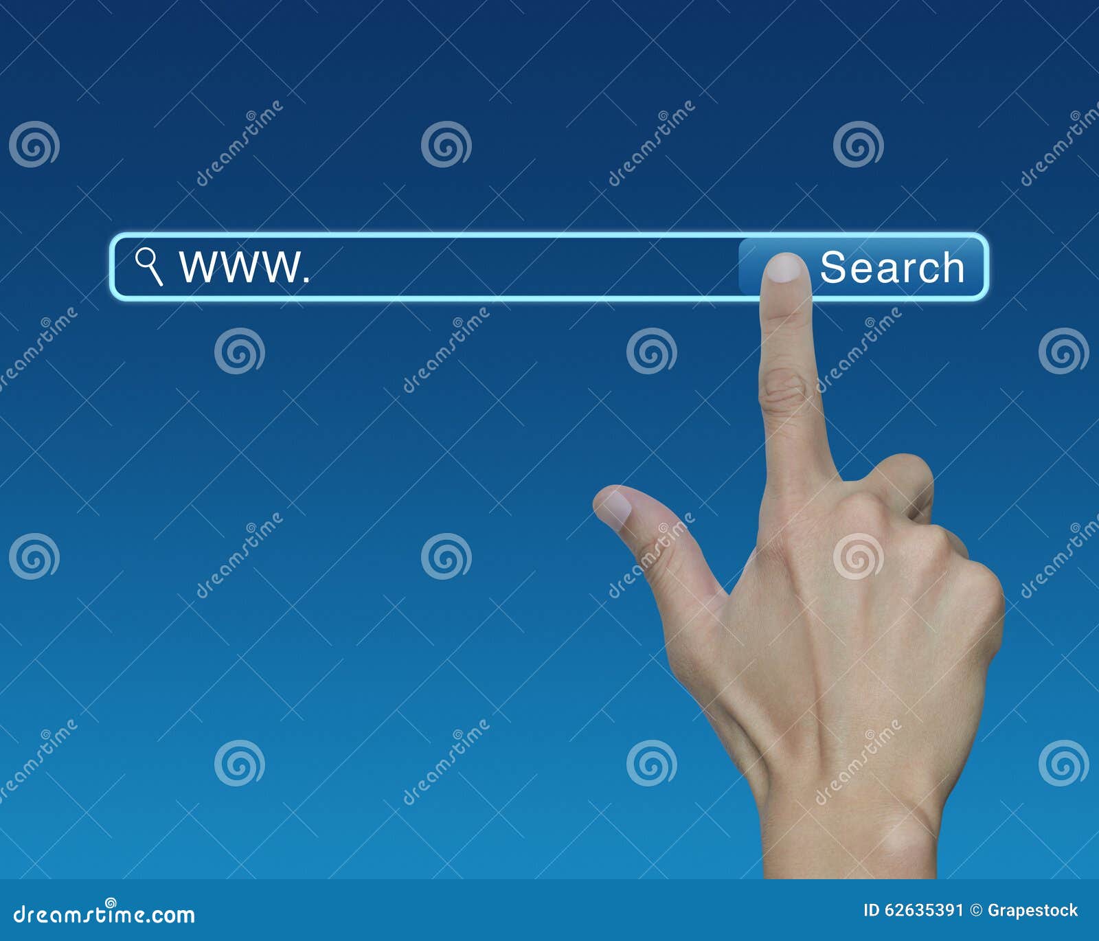Hand Pressing Search Button Over Blue Background, Searching Internet ...