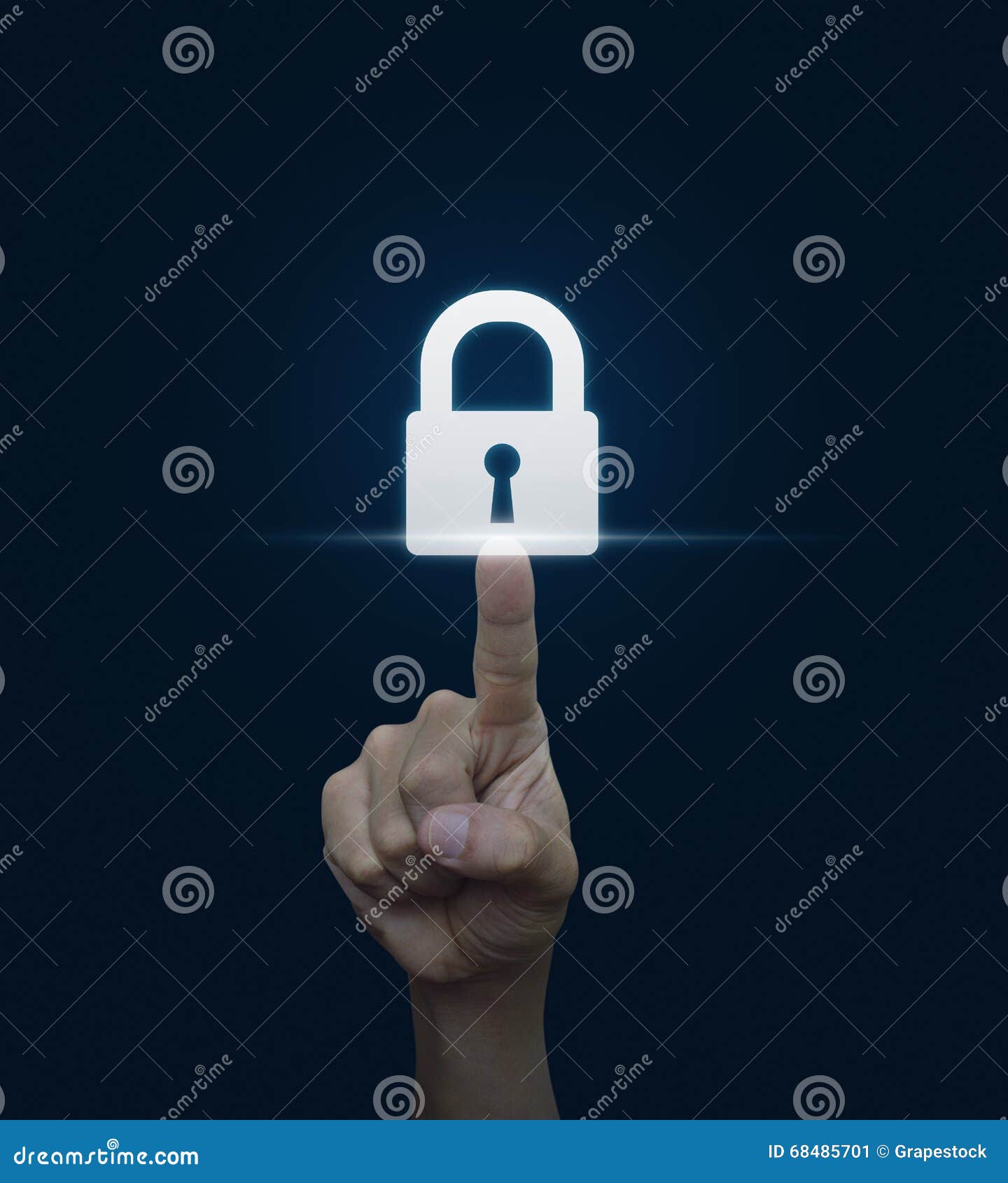 Hand Pressing Security Key Button on Virtual Screen, Technology Stock ...