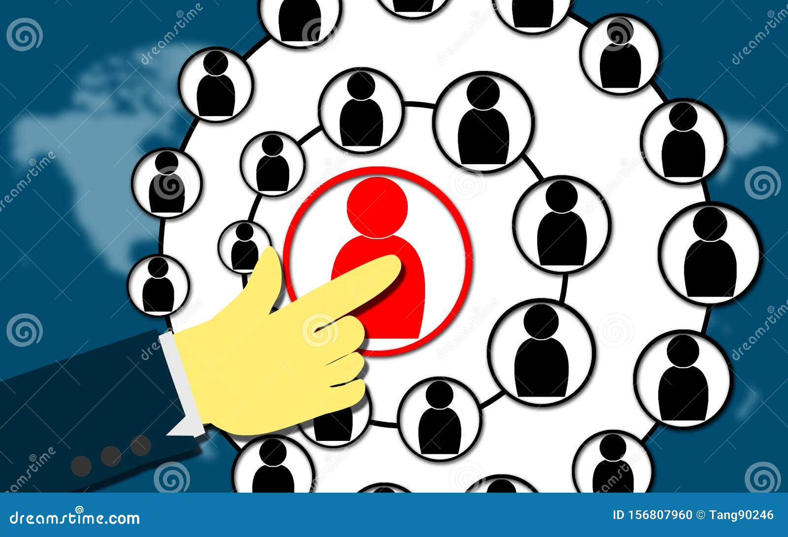 Hand Pressing Social Icons on Blue World Map Background Stock Illustration - Illustration of ...