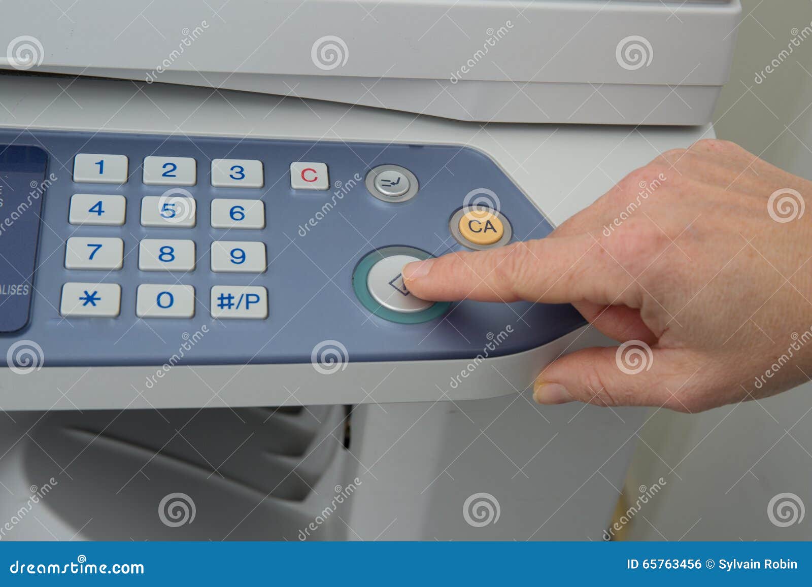 Hand Pressing Start Button on Copy Machine Stock Photo - Image of copy ...