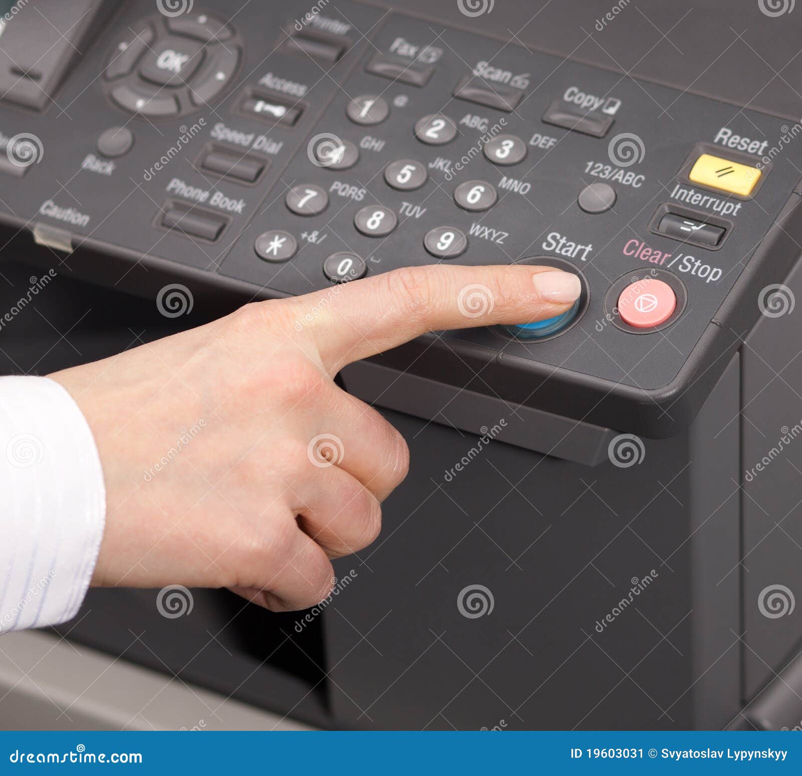 Hand Pressing Start on Copy Machine Stock Image - Image of ...