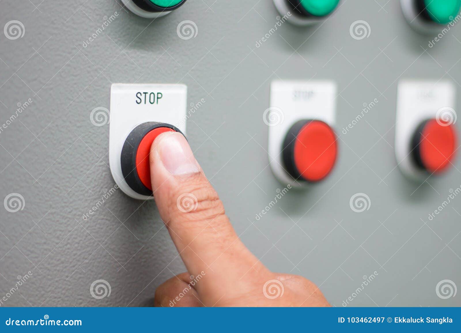 The Hand Pressing `STOP` Switch on Control Board Stock Image - Image of ...