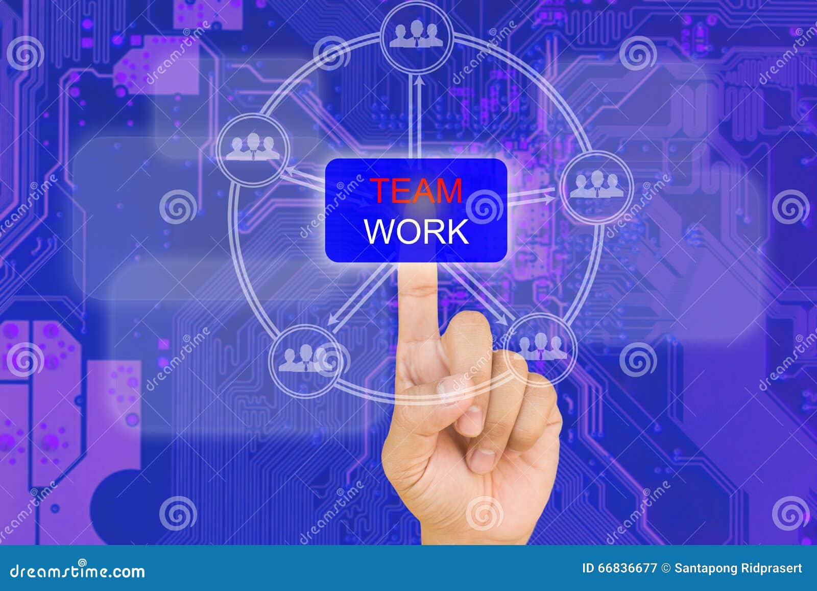 Hand Pressing Team Work Button on Interface with Blue PCB Bord Stock ...