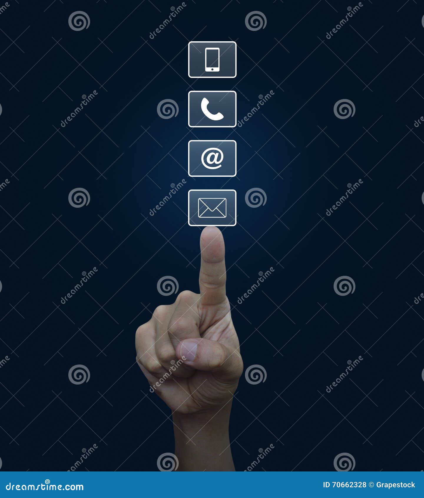 Hand Pressing Telephone, Mobile Phone, at and Email Buttons Over Stock ...