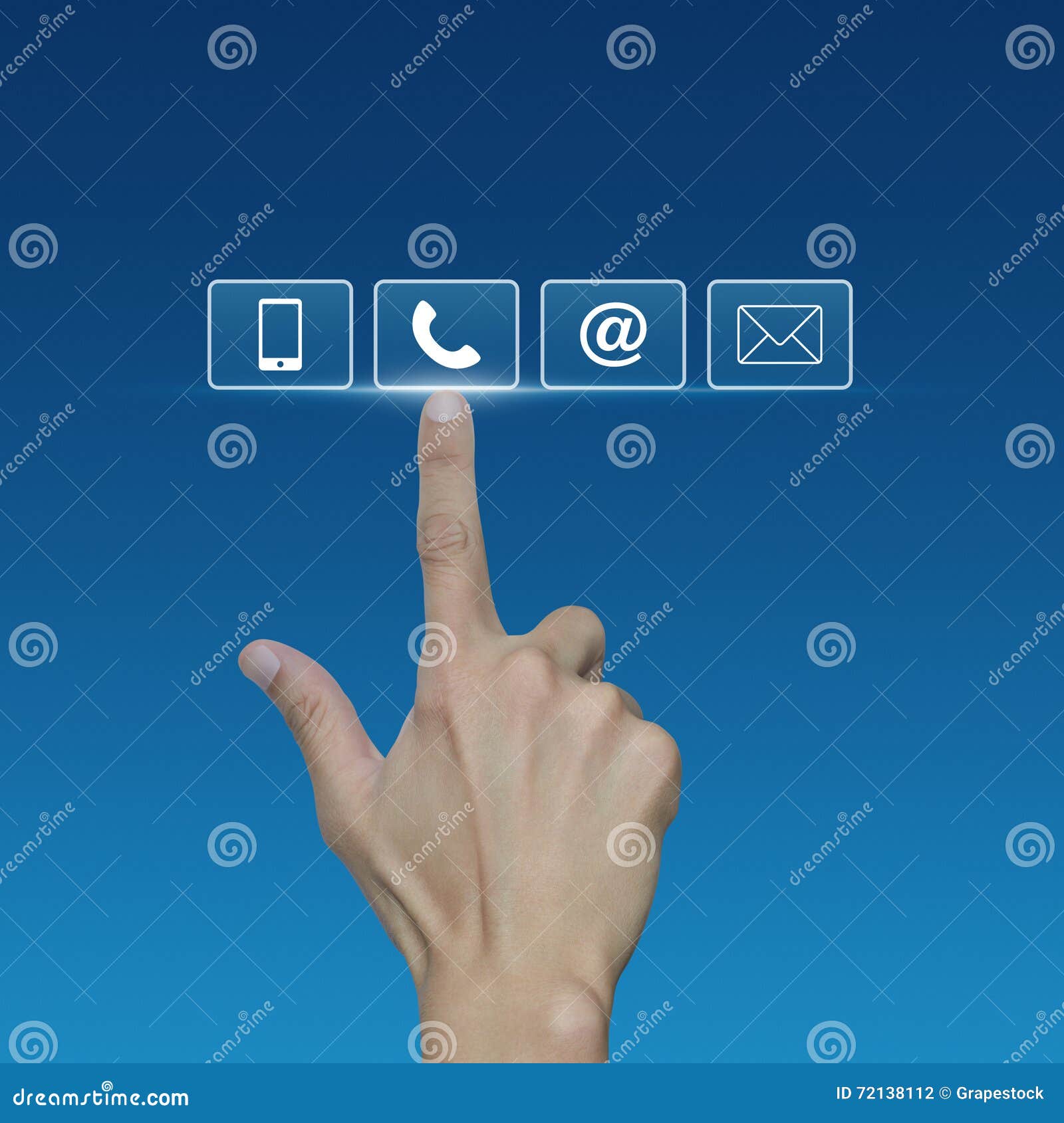 Hand Pressing Telephone, Mobile Phone, at and Email Buttons Over Stock ...