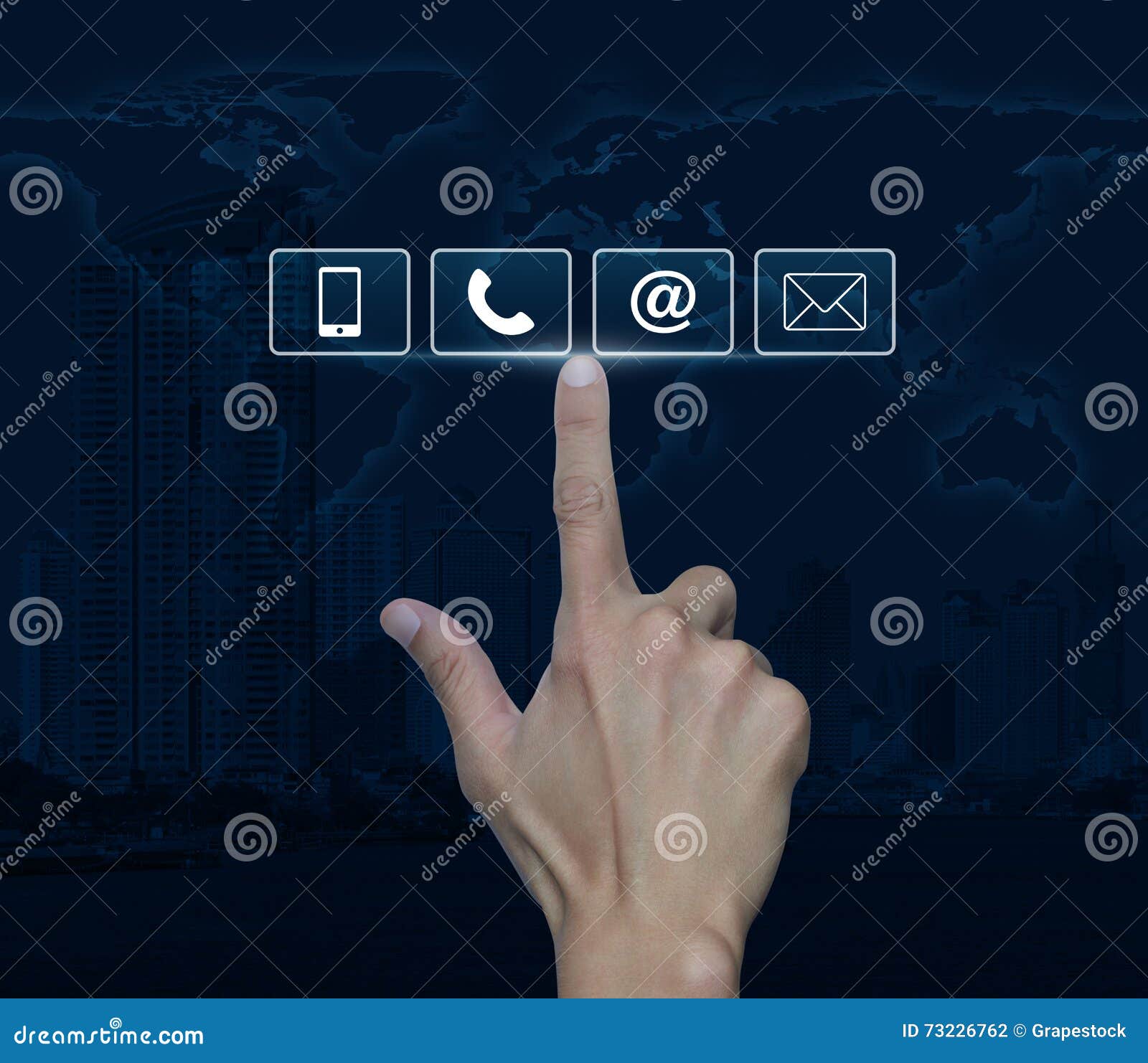 Hand Pressing Telephone, Mobile Phone, at and Email Buttons Over Stock ...