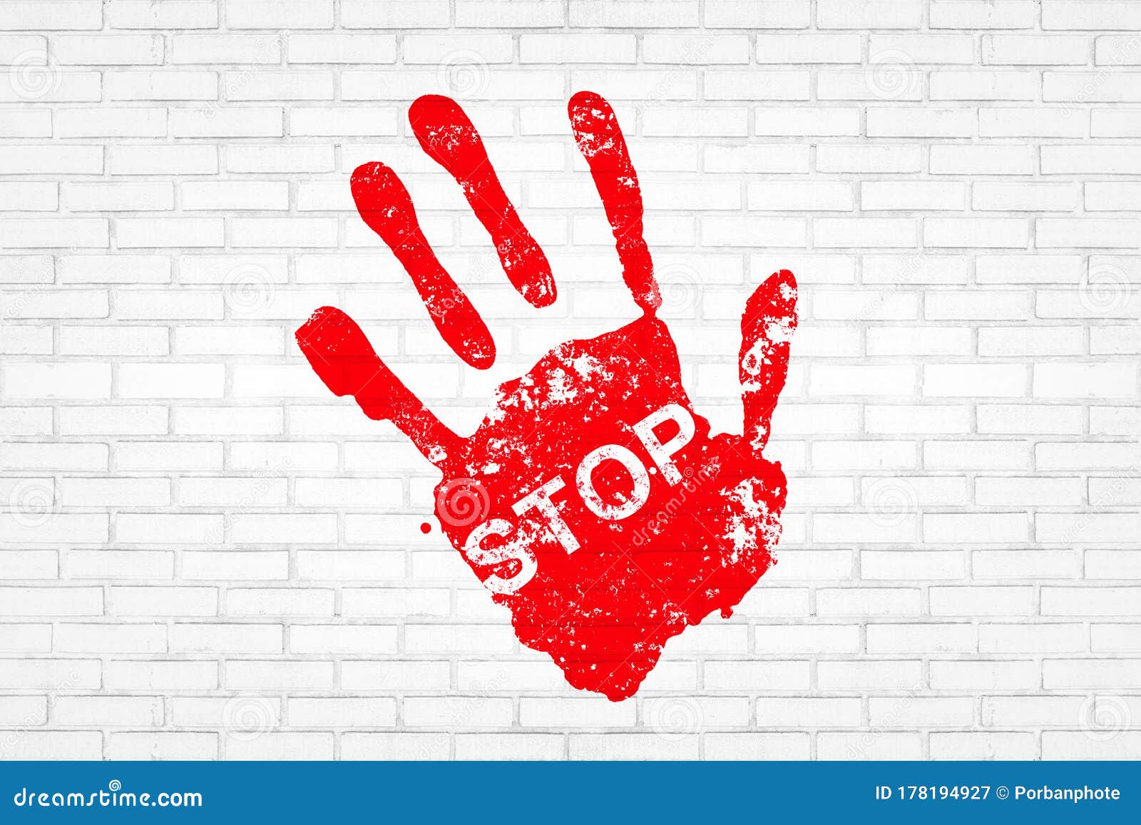 Hand Print with the Inscription STOP on White Brick Wall Stock Image ...