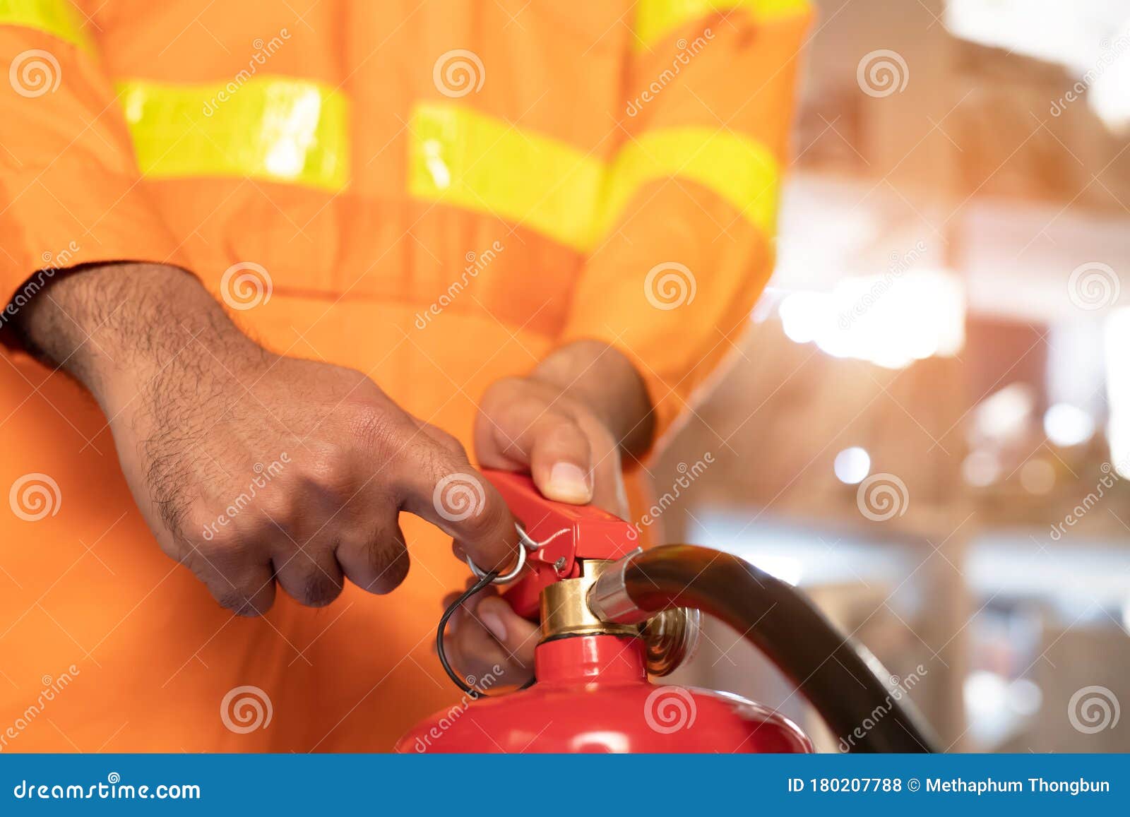 Hand Pull Latch Presses the Trigger Fire Extinguisher Stock Photo ...
