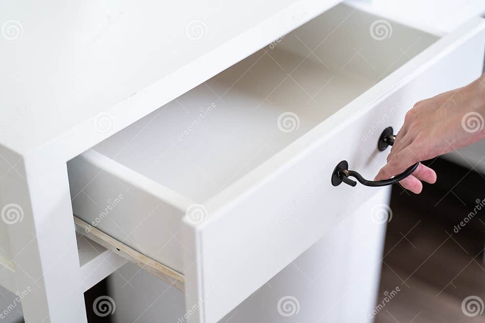 Hand Pull Open Drawer White Wooden Stock Photo - Image of furniture ...
